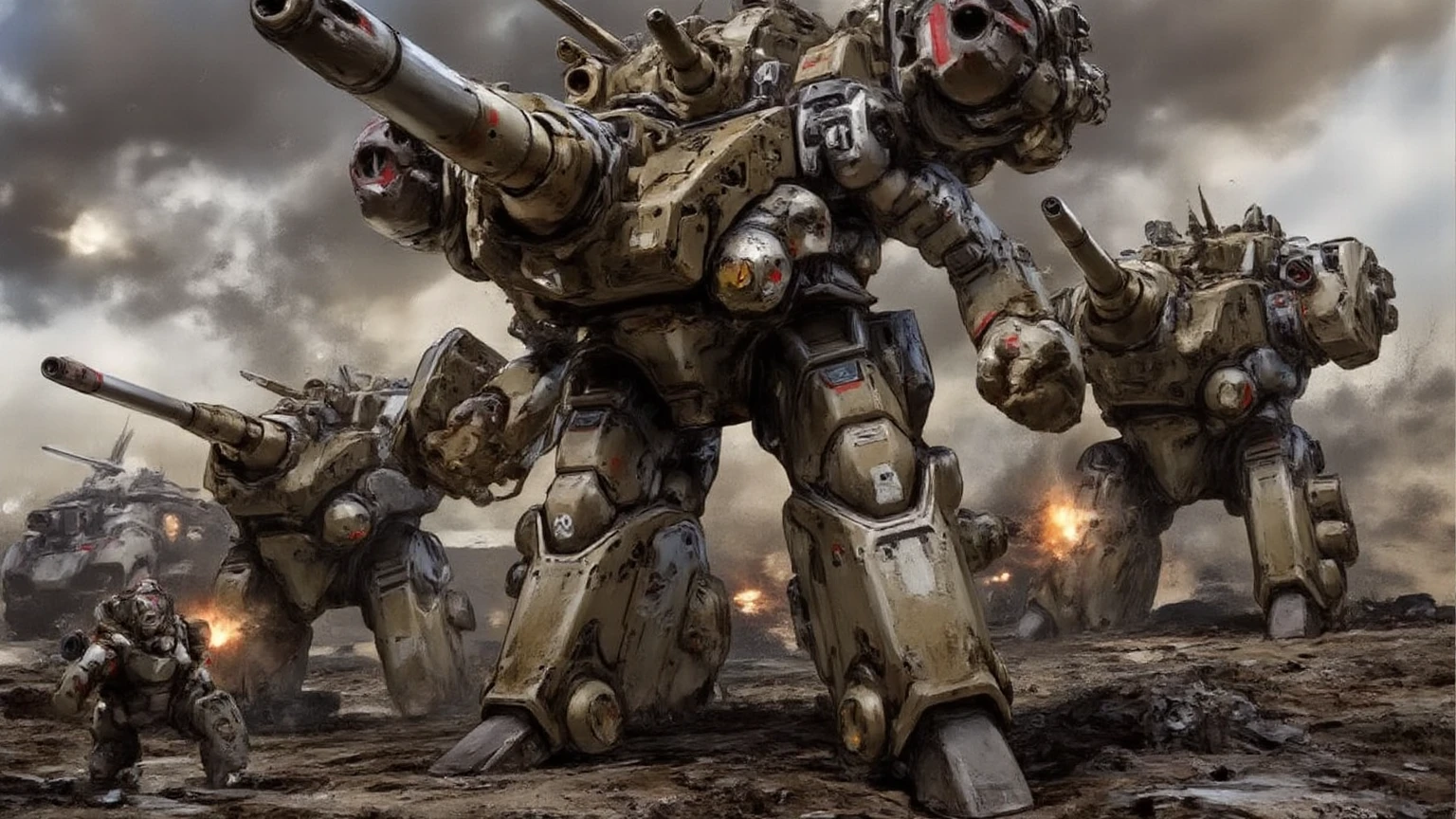 (hyper-realistic), A giant mech with grey and brown camouflage with a ...