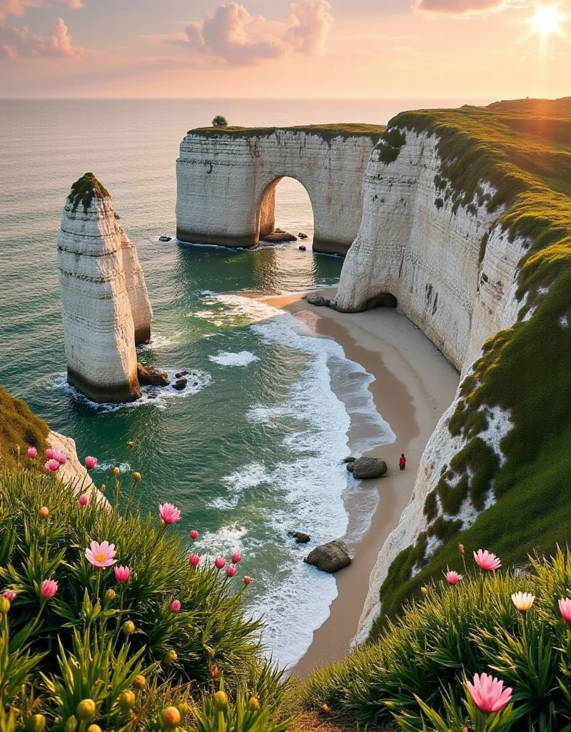 The majestic snow-white chalk cliffs of Etretat rise against the ...