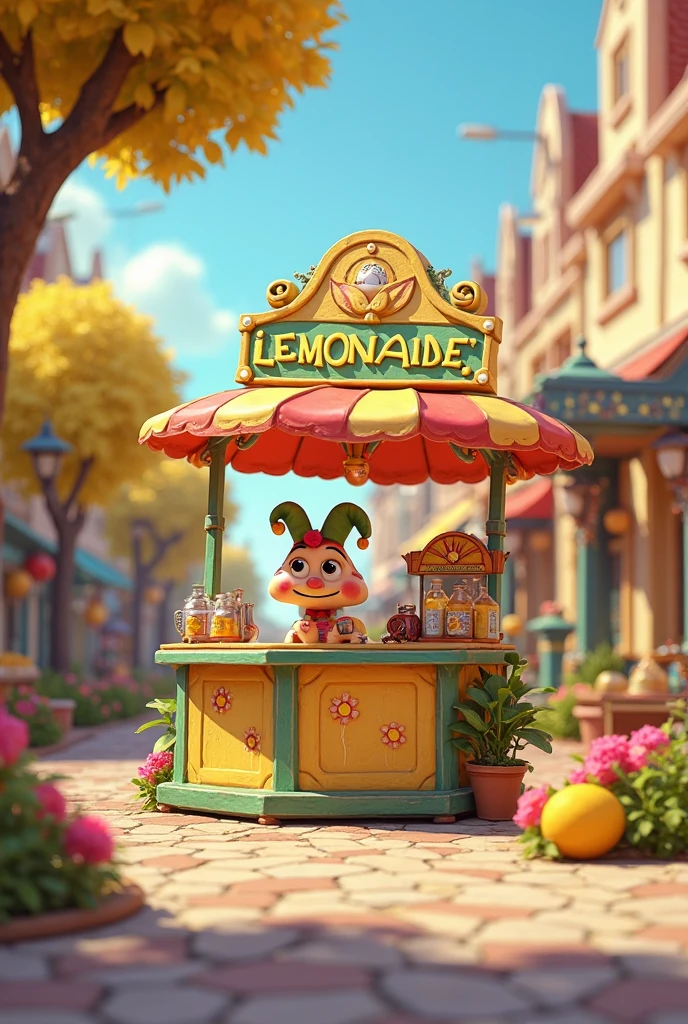 Pixar 3D animation, colorful lemonade stand with hand-painted sign ...