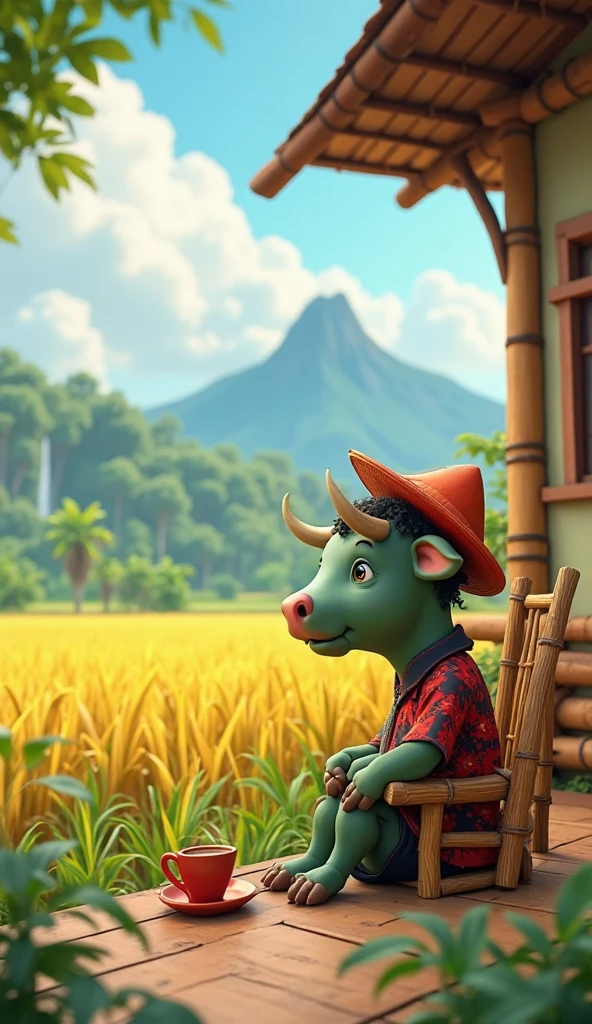 3D cartoon image of a cute buffalo boy sitting in front of a house ...