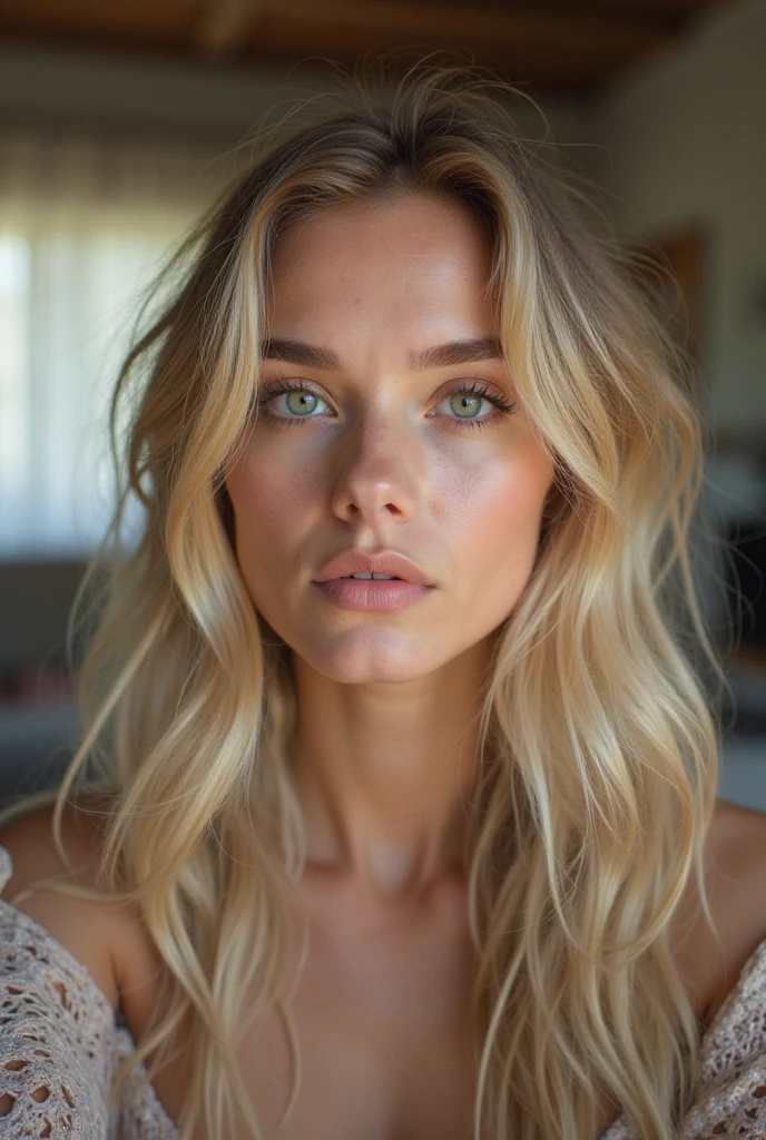 Beautiful woman with an oval face, gently curled cheeks and a slightly ...