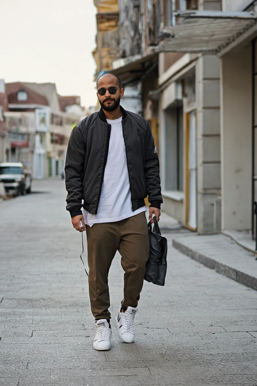 Take a picture of an Arab with package and choice, sports pants and ...