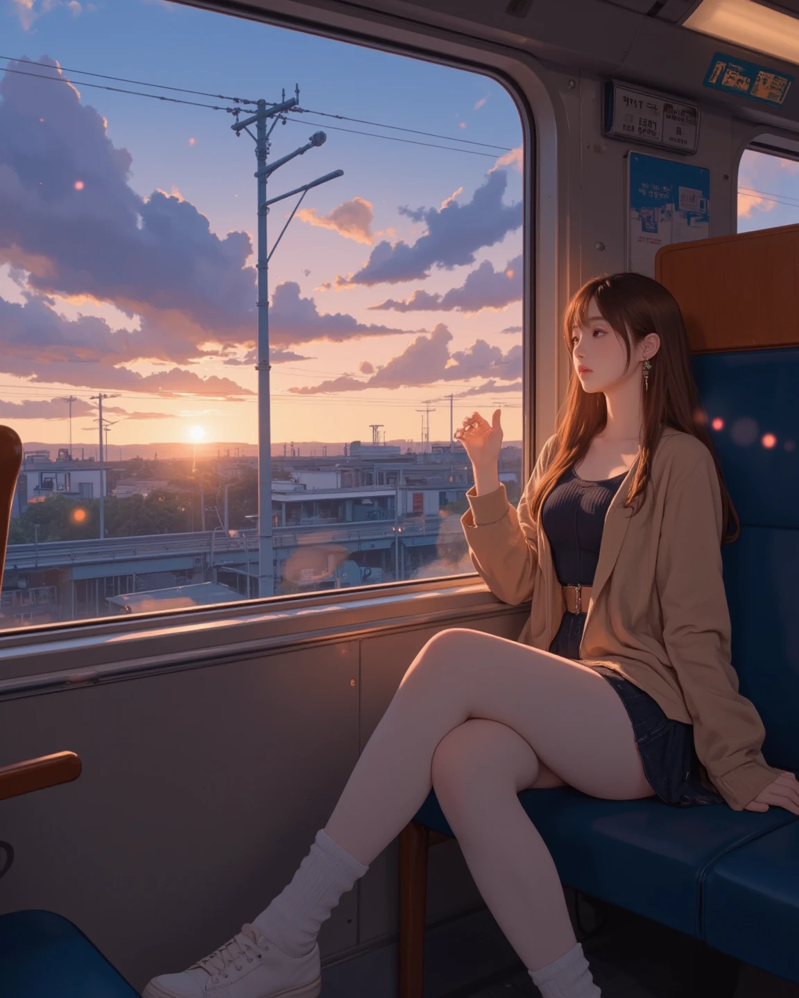 Anime girl sitting on a train and looking out the window, beautiful ...