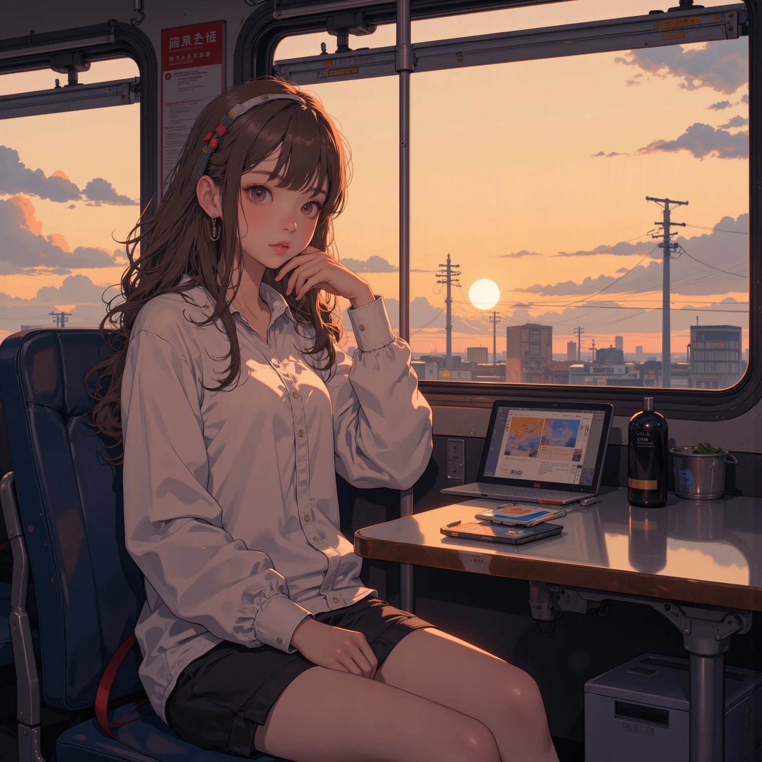 Anime girl sitting on a train and looking out the window, beautiful ...