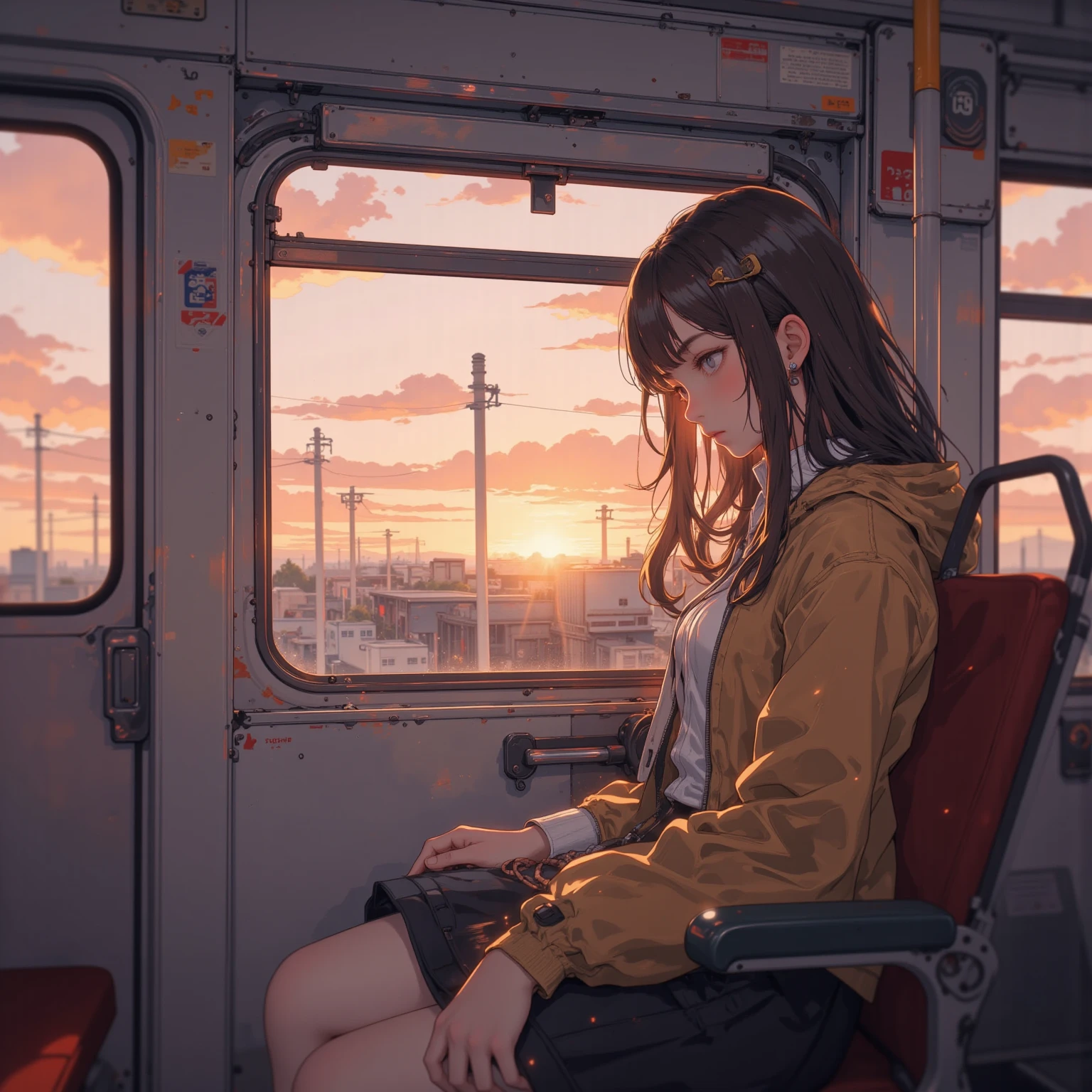 Anime girl sitting on a train and looking out the window, beautiful ...
