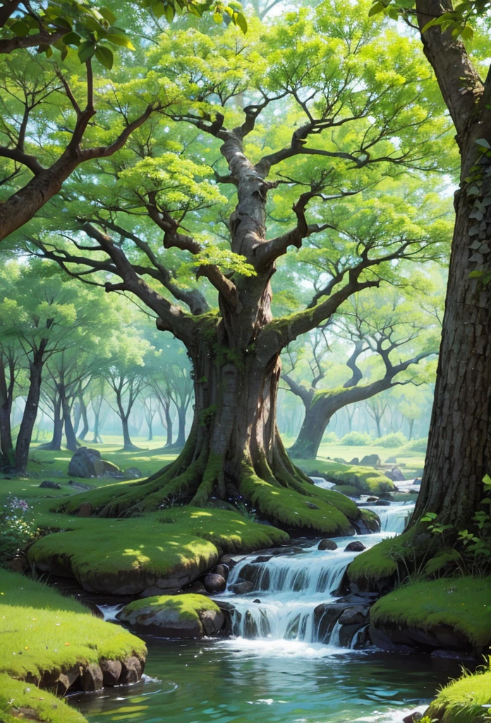 Tree々is overgrown with trees、feels like summer、A man is sitting leaning ...