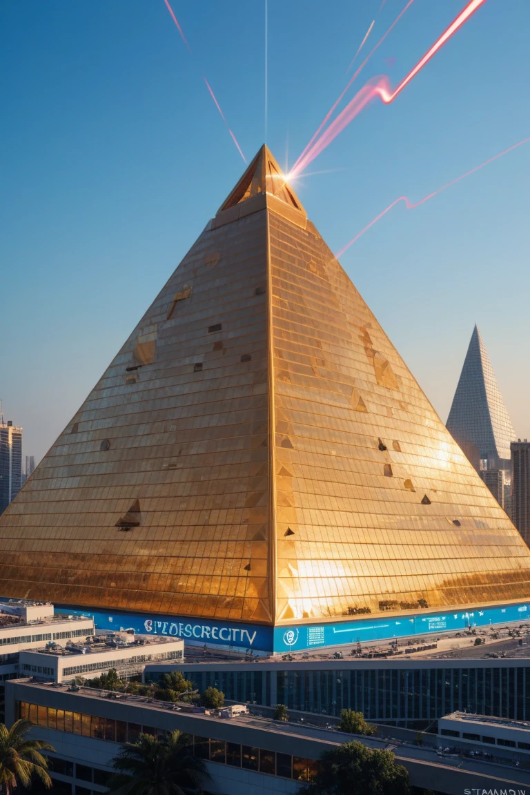 Background futuristic background of golden glass pyramids，Laser beam ...