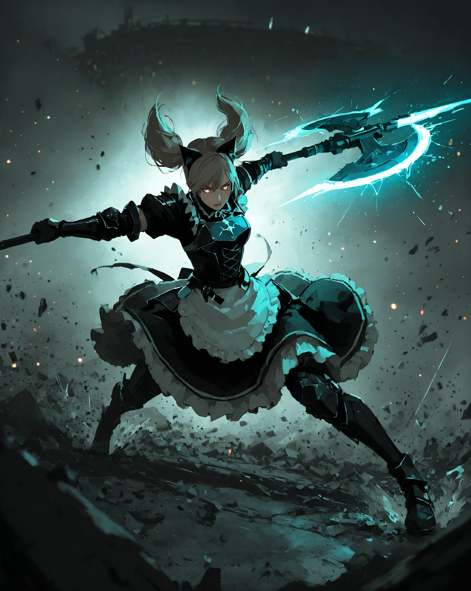 A fierce cat-eared battle maid in a dynamic pose, wearing a black and ...