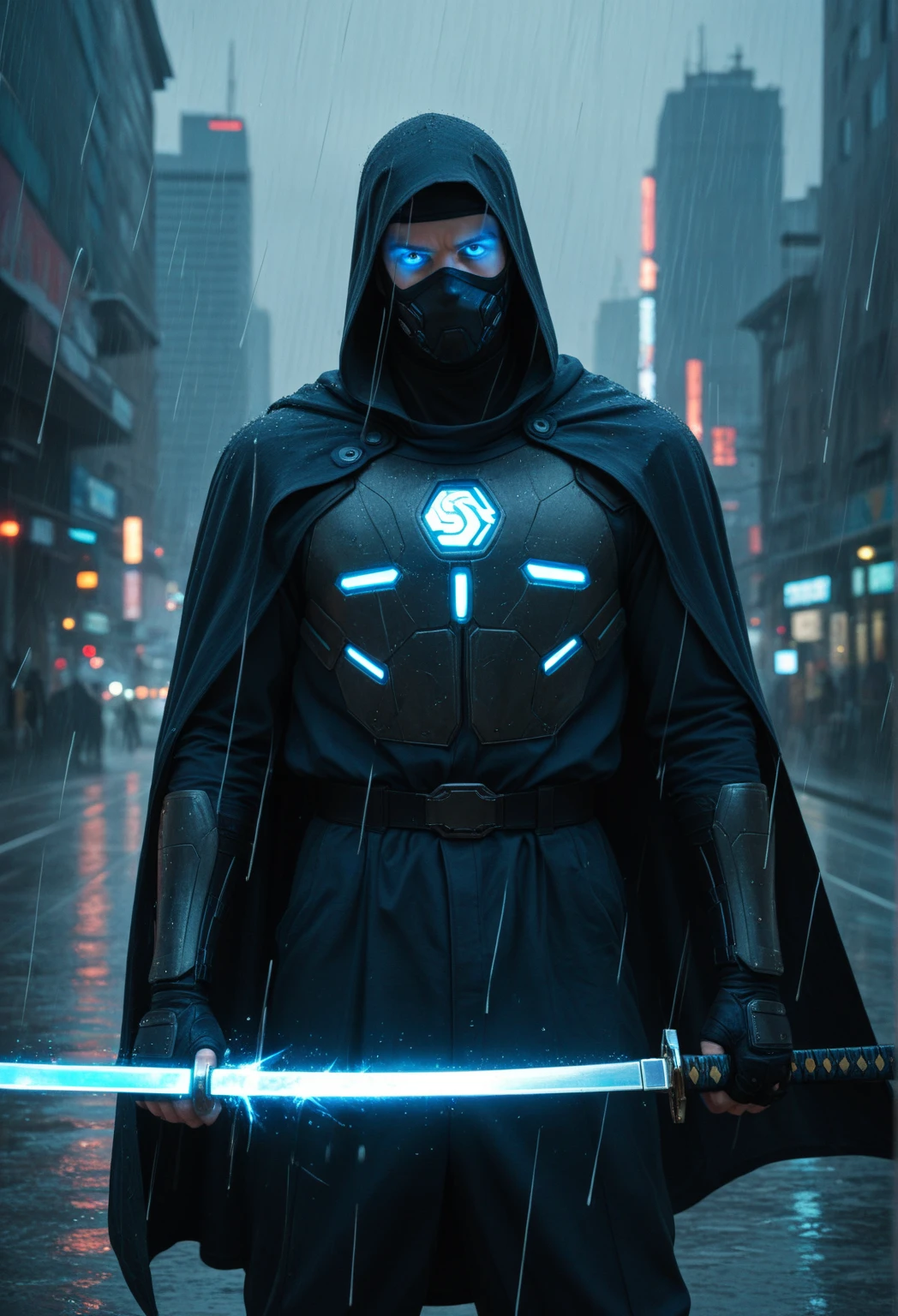 A heroic male cyberpunk ninja in sleek black reactive armor with ...