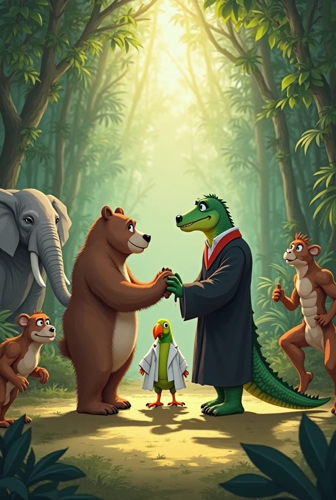 A dramatic jungle courtroom scene where three cartoon animal characters ...