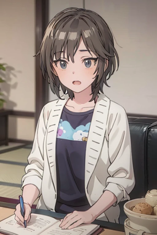 A girl attending a shigin class、beautiful girl、短冊に書いたHaikuを詠み上げる ...
