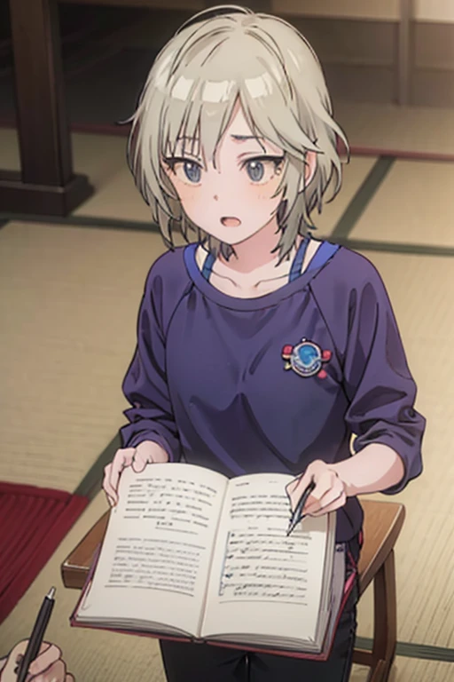 A girl attending a shigin class、beautiful girl、短冊に書いたHaikuを詠み上げる ...