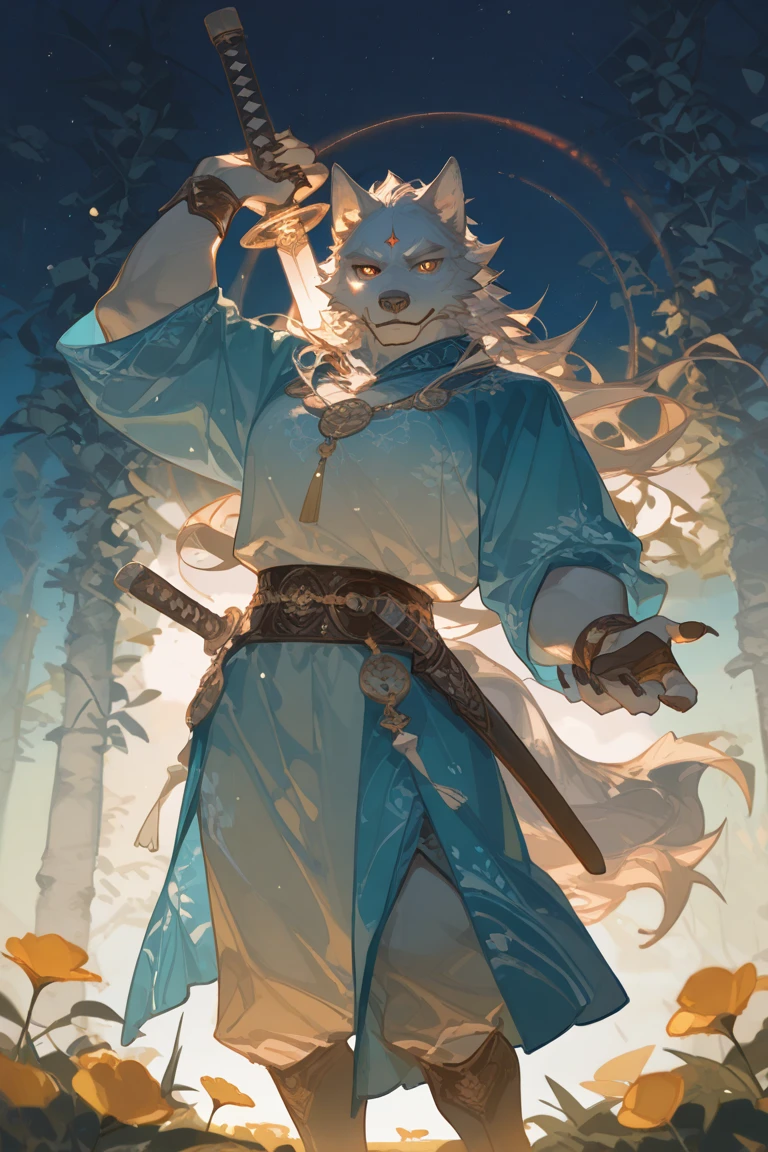 Elder wolf furry，male，cool，solo,muscle，wearing a light-colored costume ...