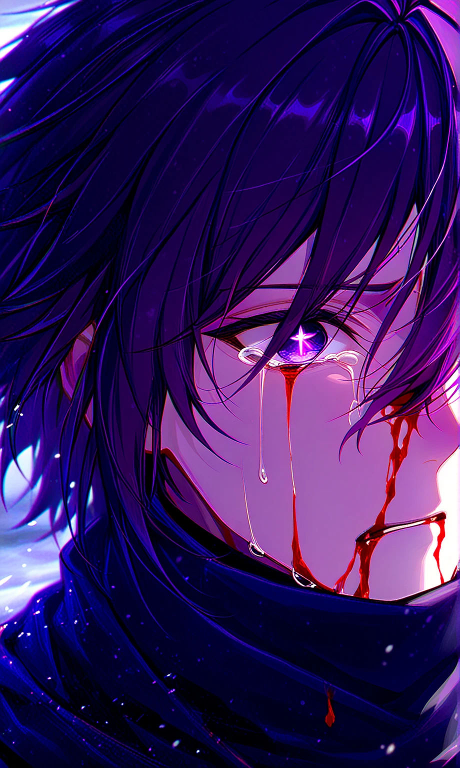 A close-up view of some eyes. intense purple eyes. cross-shaped pupils ...