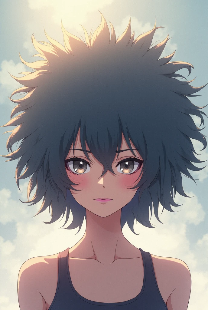 Anime-style portrait of a woman with messy, fluffy, expanding hair due ...
