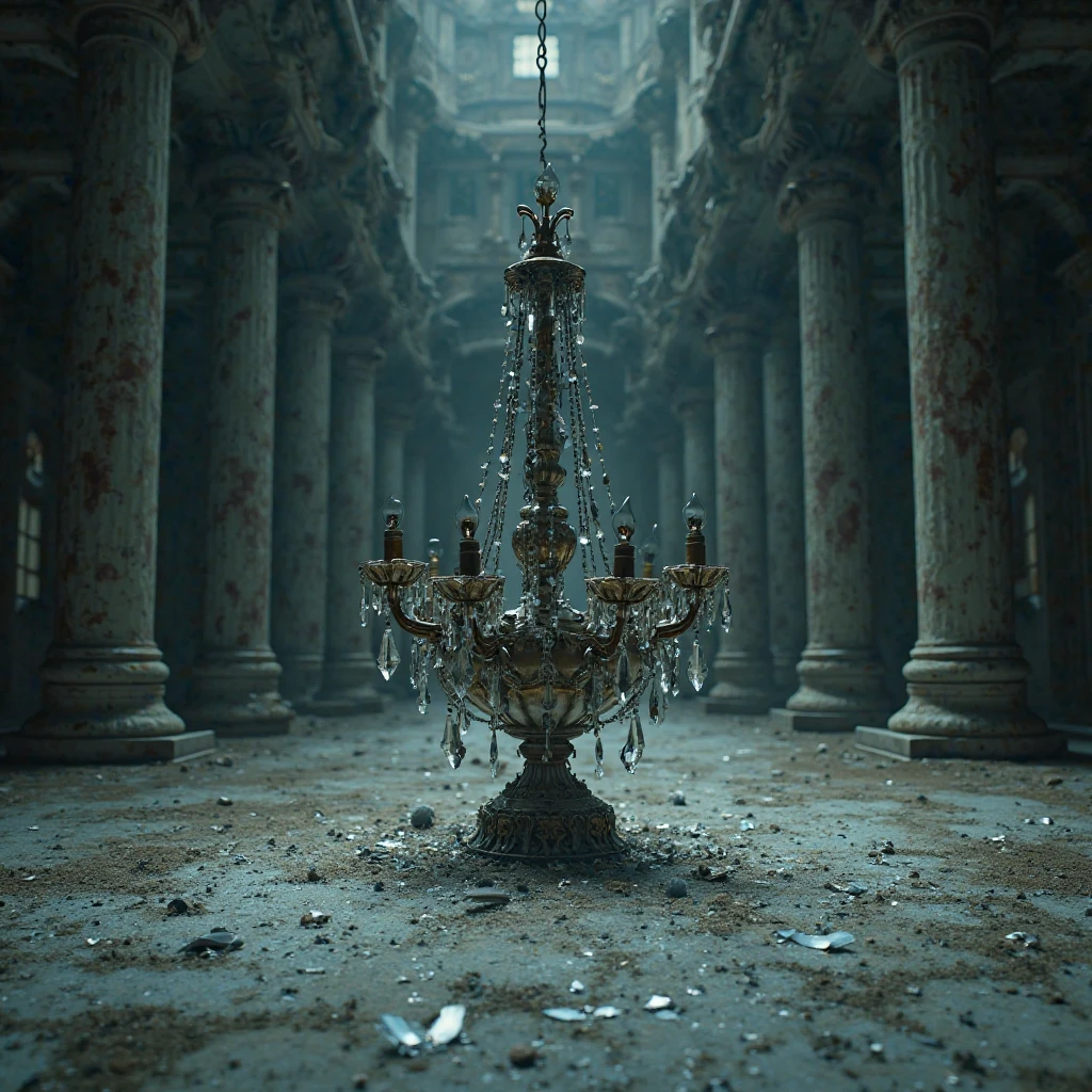 Abandoned chandelier fallen on the crystal floor fallen on the FLOOR ...
