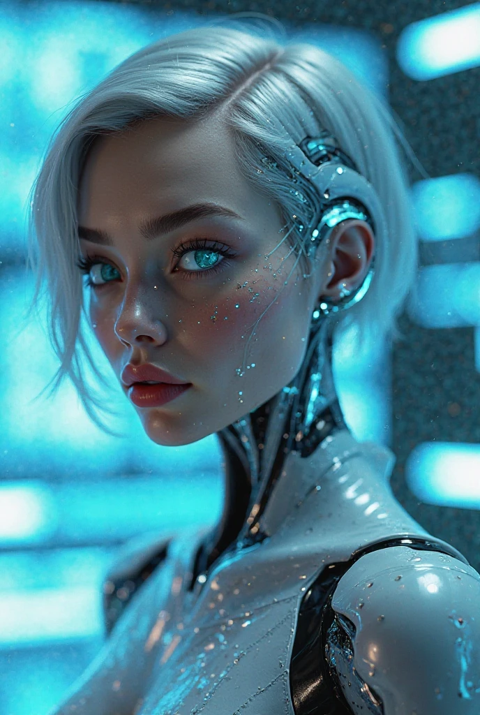 A futuristic female AI with human-like facial features, glowing ...