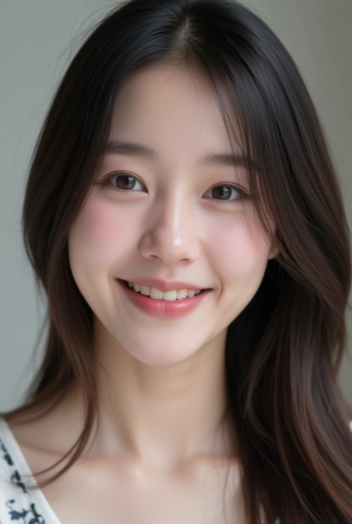 Female in her 20s,A natural smile with teeth sticking out, has her hair ...