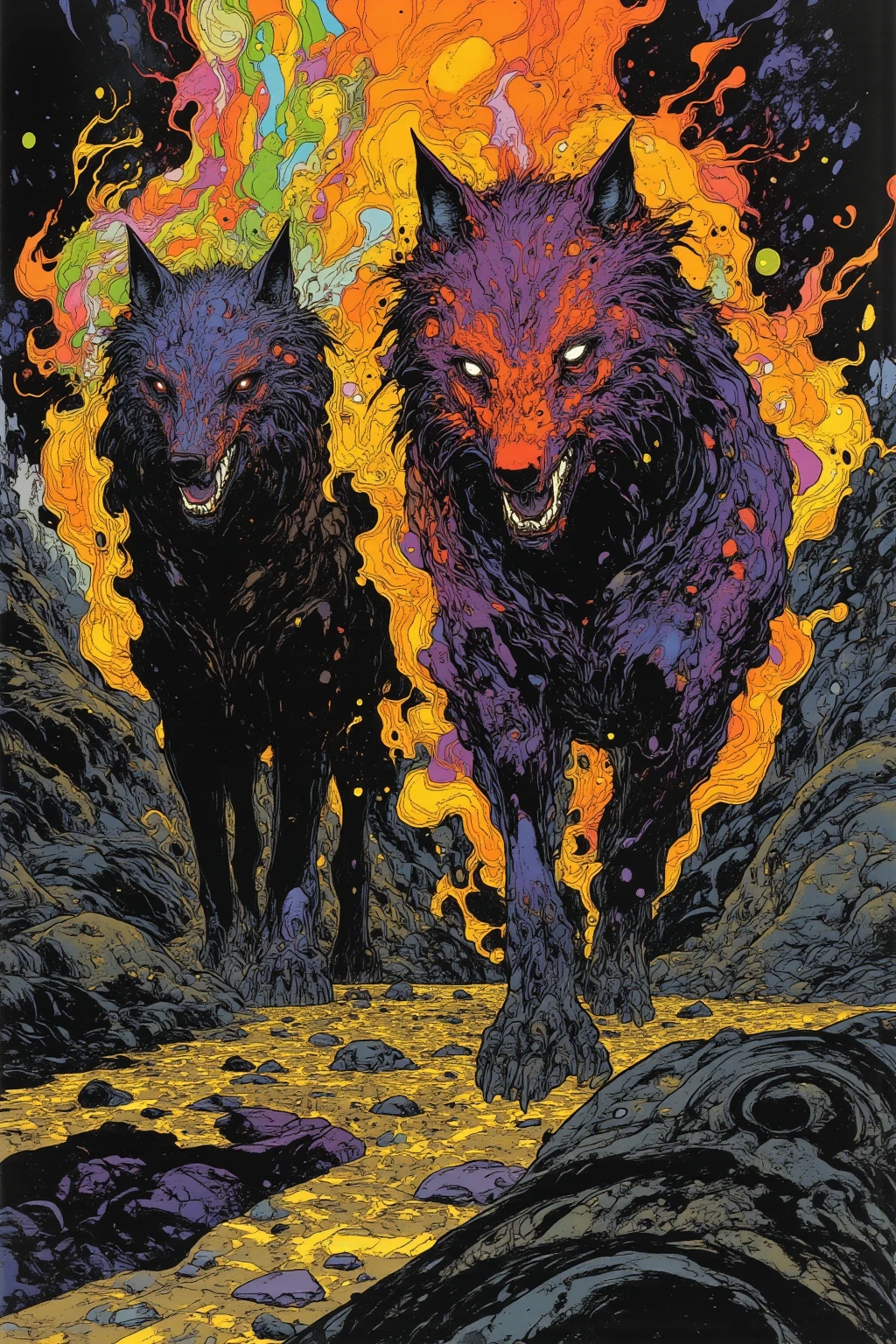 Two black wolves with ominous red faces stand on textured ground in a ...