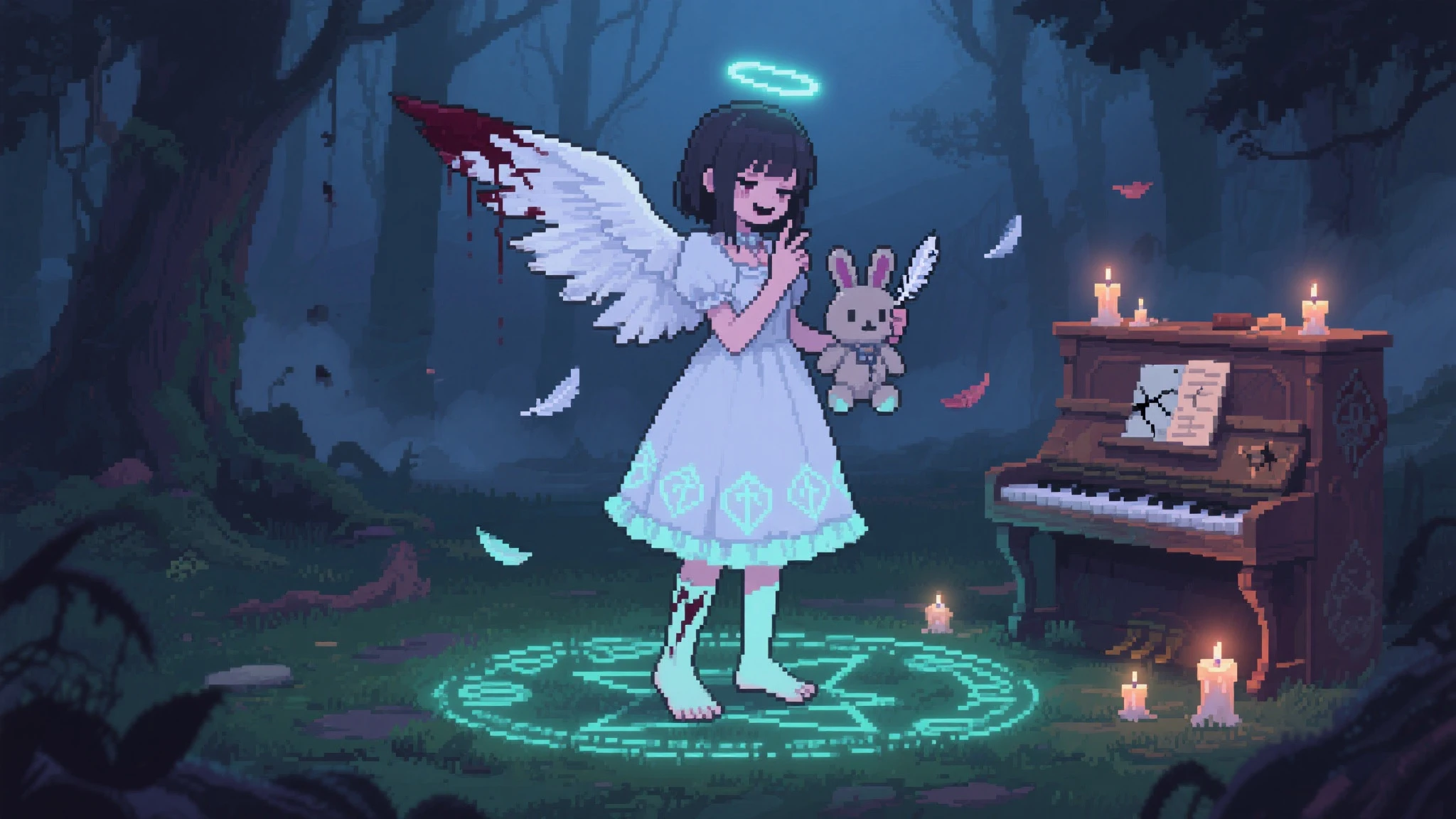 A cinematic pixel art portrait of a yandere angel girl alone in a ...