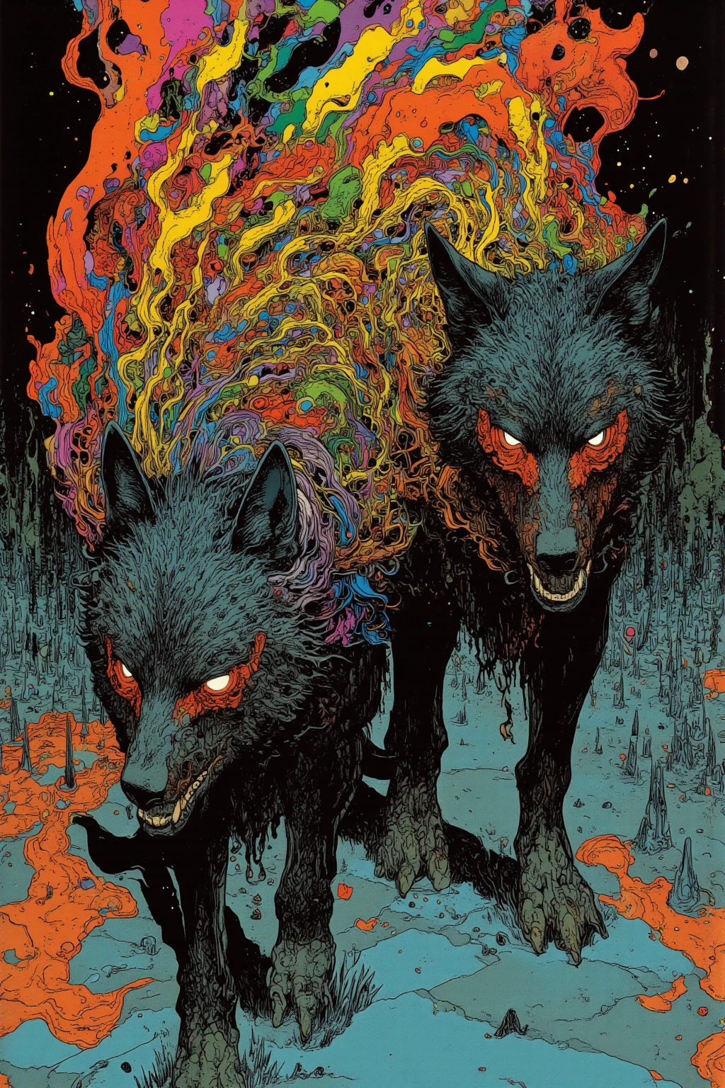Two black wolves with sinister red faces stand on a textured ground in ...