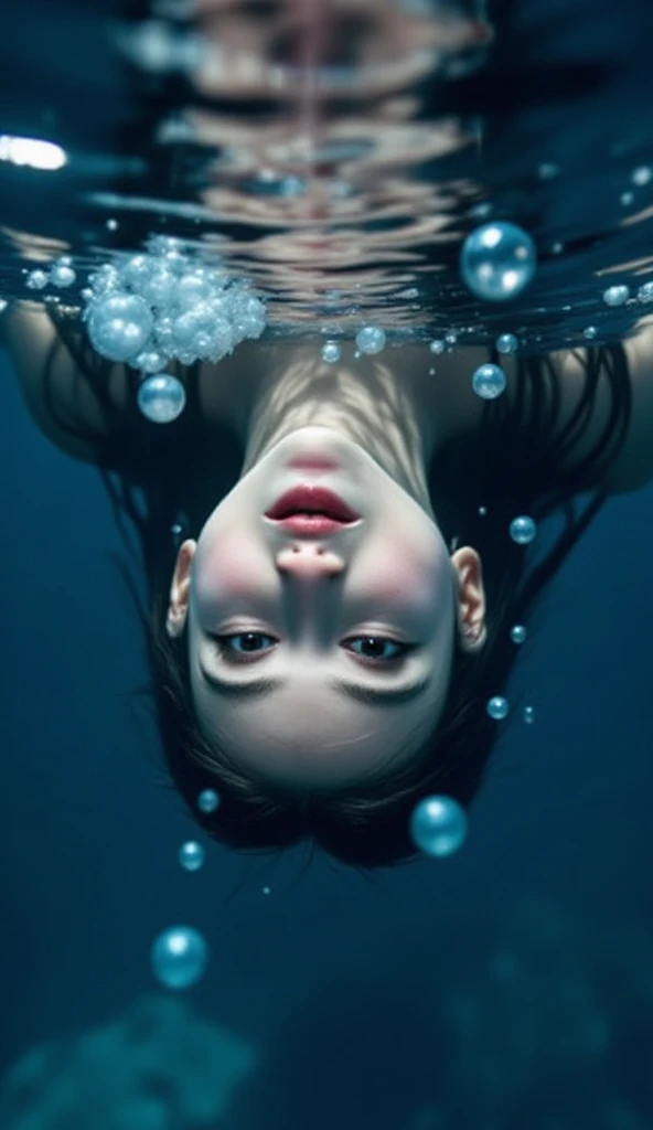 Beautiful Thai girl floating in the pool, clear water, dark blue ...