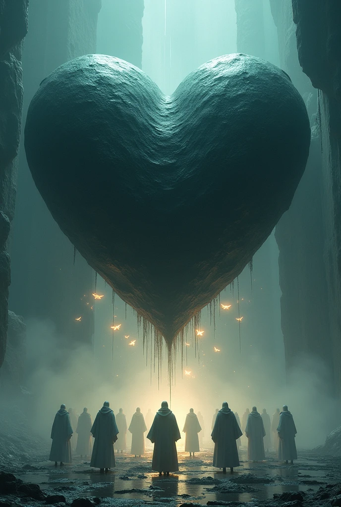 A giant human heart carved from obsidian, suspended in a museum with no ...