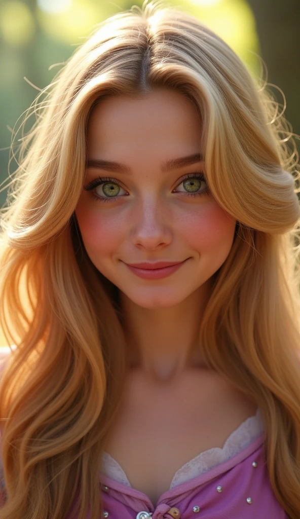 Hyper-realistic portrait in the foreground of Rapunzel, with a sweet ...