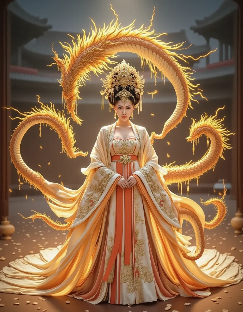 “A divine Chinese empress in a majestic golden Hanfu with crimson ...