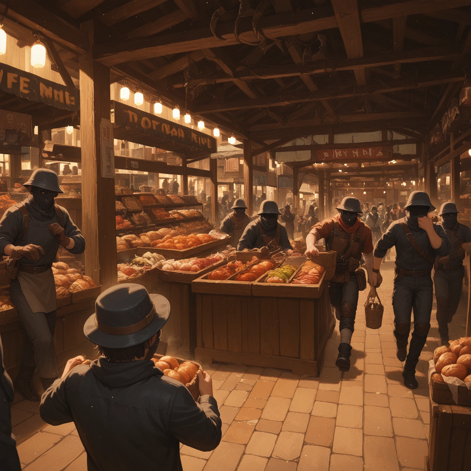 Thieves running through the market, Robbing people, room - SeaArt AI