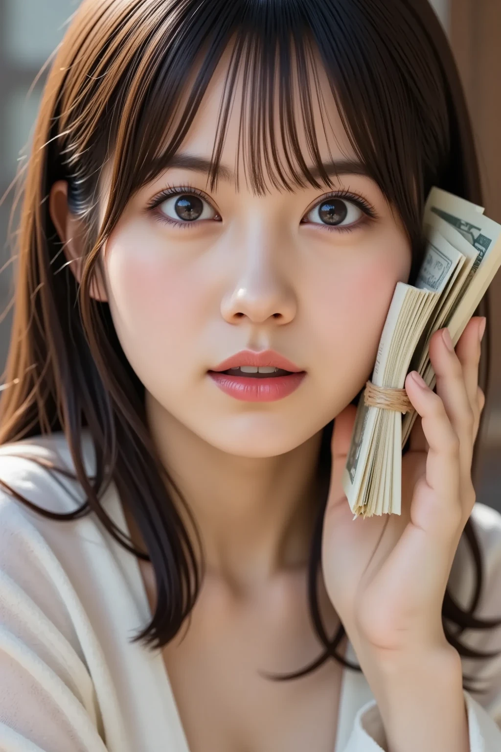 A hyper-realistic, cinematic close-up of a stunned young woman ...