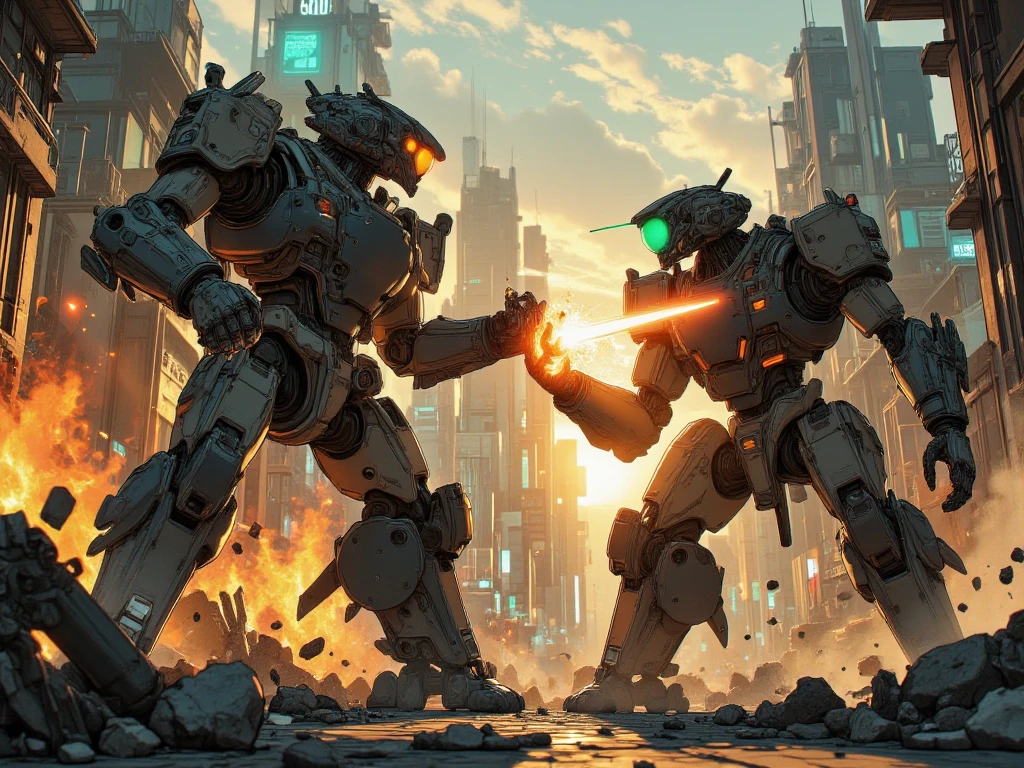 Two giant mecha robots fight in hand-to-hand combat in the middle of a ...