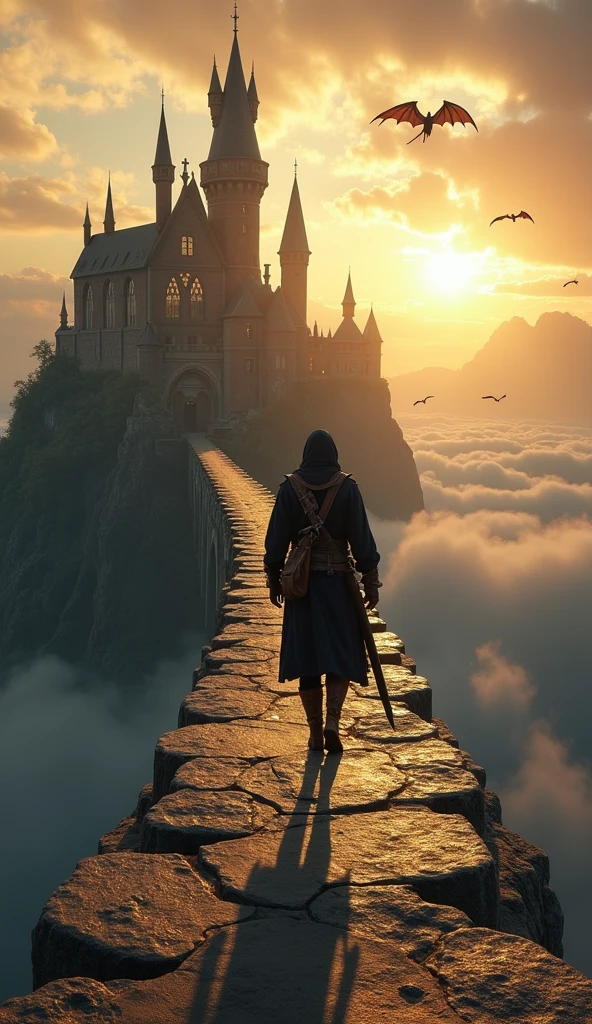 A dramatic fantasy scene of a lone adventurer walking across a long ...