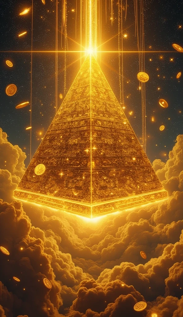 A massive golden pyramid floating above a glowing energy grid in space - SeaArt AI