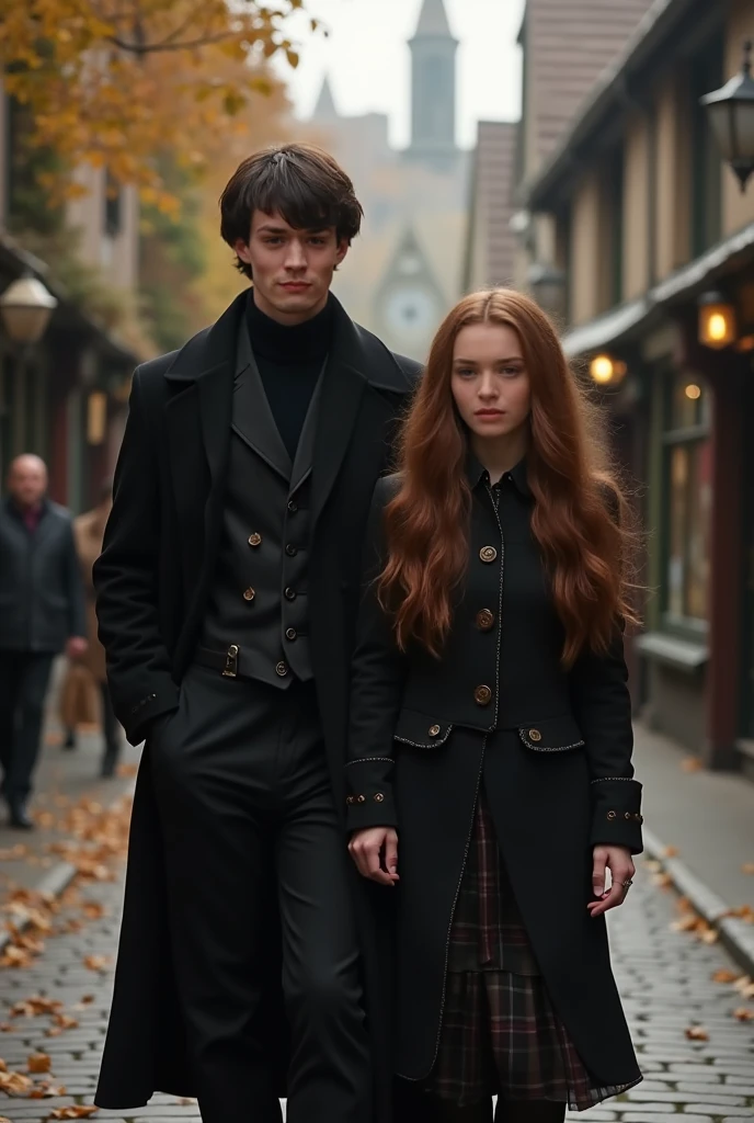 Tom Riddle walking through Hogsmeade during autumn with a beautiful ...