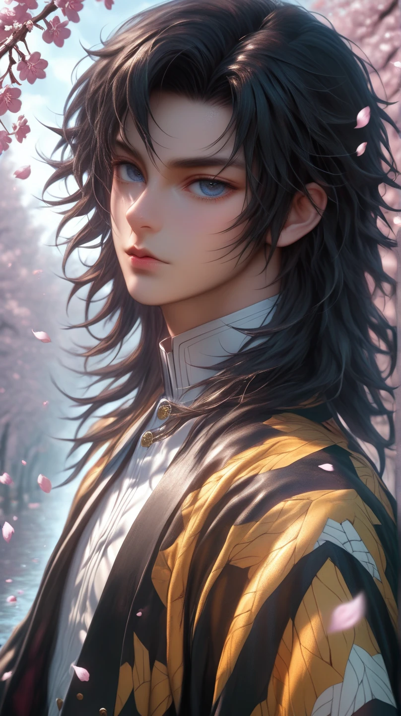 A hyper-realistic, cinematic portrait of Giyu Tomioka from Demon Slayer ...