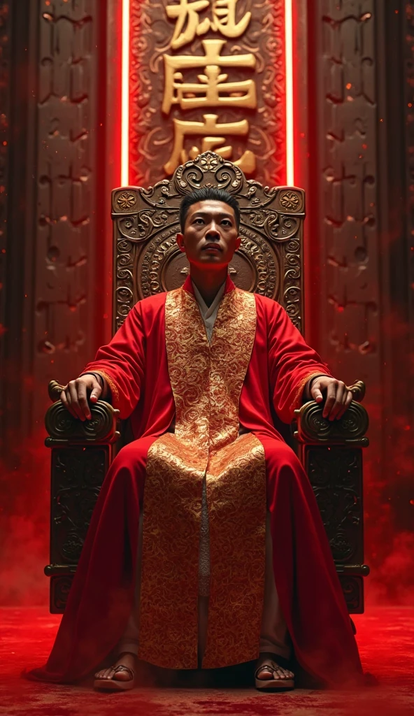 A handsome Asian prince sitting on a grand throne, wearing a long royal ...
