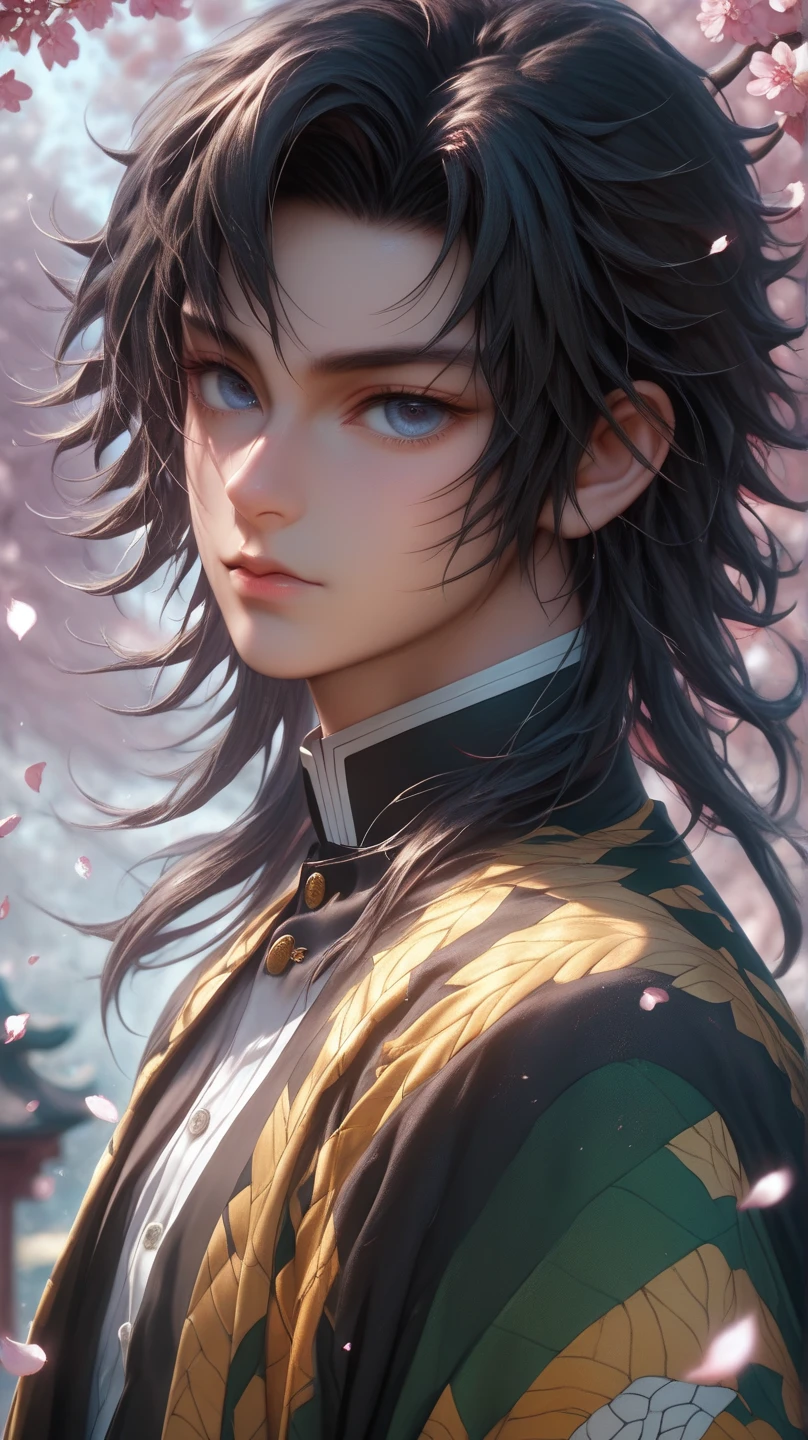 A hyper-realistic, cinematic portrait of Giyu Tomioka from Demon Slayer ...