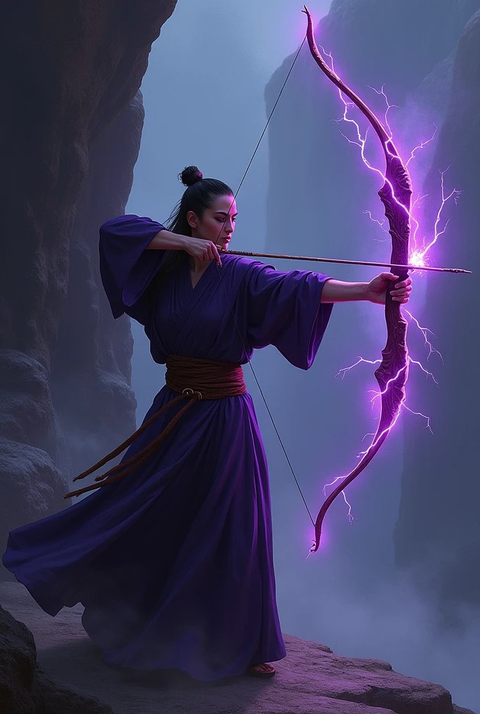 A monk drawing a bow that is crackling with purple lightning - SeaArt AI