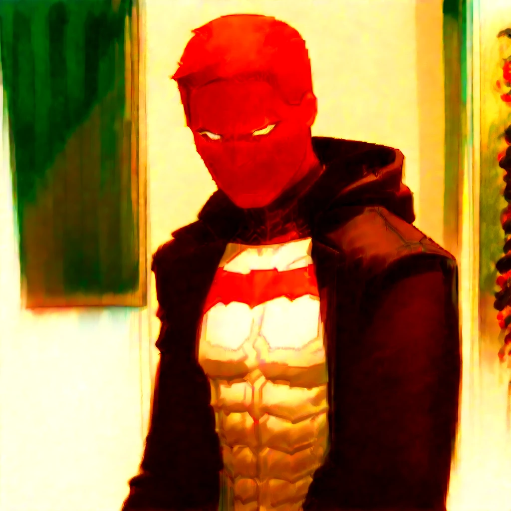 Red cap character, Jason Todd, stands full-length without a hood ...