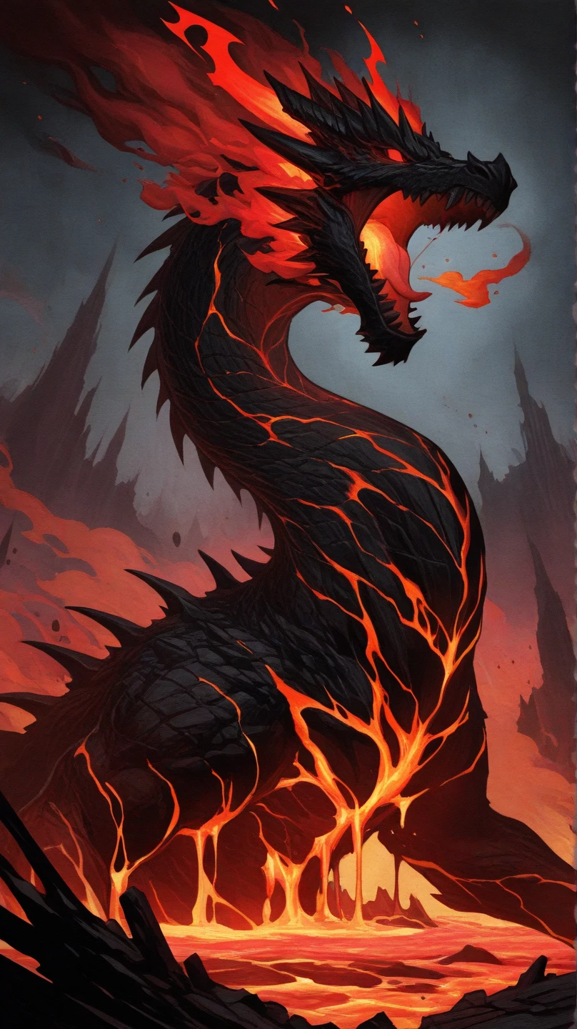 A massive, menacing black dragon with glowing red eyes and lava - SeaArt AI