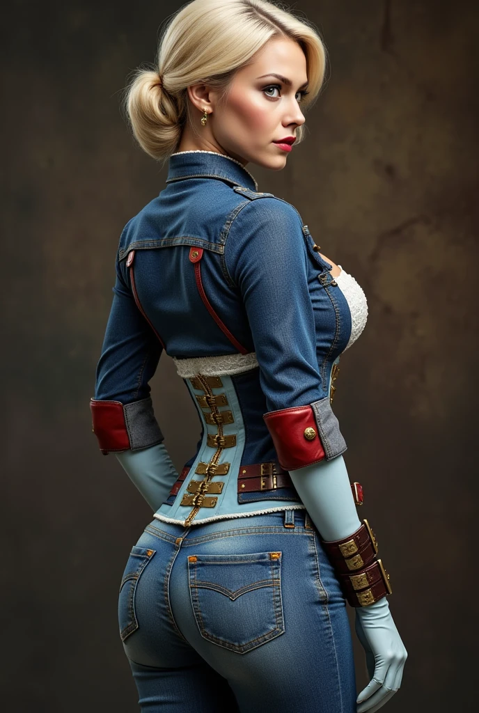 4k realistic beauty 24 busty secretary very short, cut steampunk denim ...