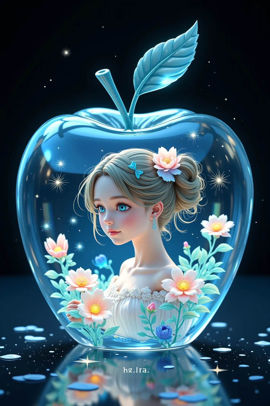 Anime,Transparent crystal apple with girl inside, sparkling flowers and ...