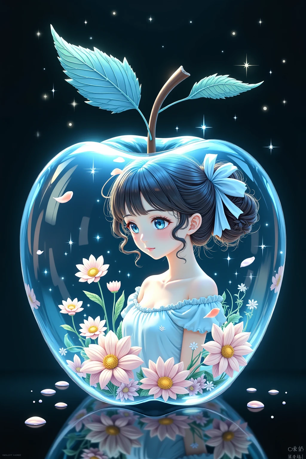 Anime,Transparent crystal apple with girl inside, sparkling flowers and ...