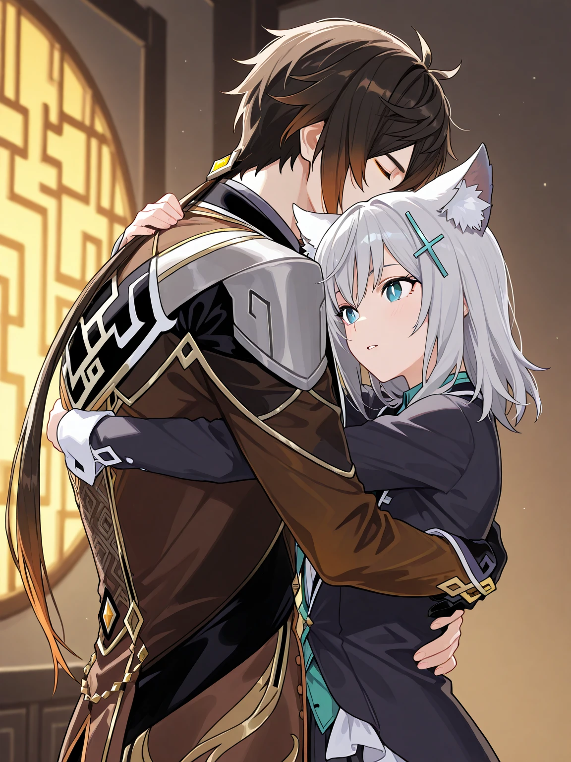 1 girl, shiroko,white hair,wolf ears, 1 boy ,zhongli,brown hair - SeaArt AI