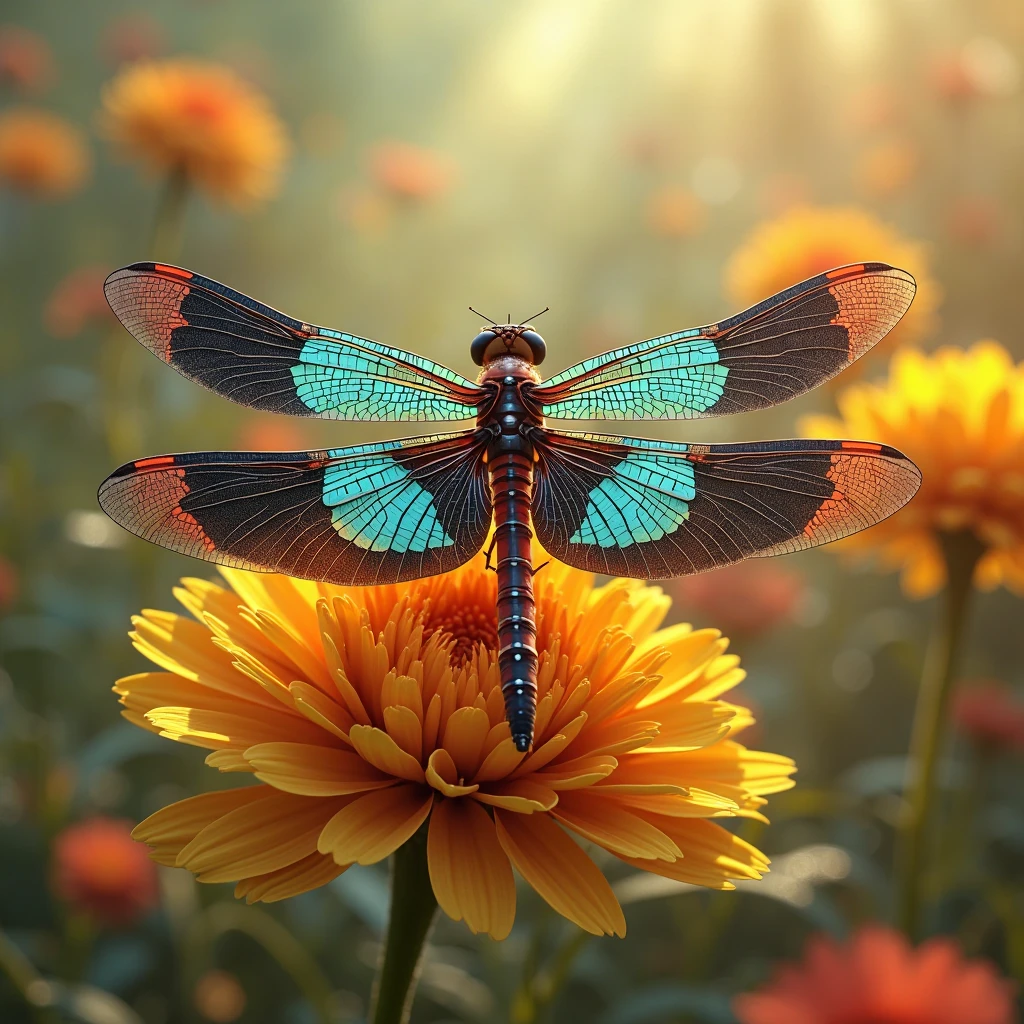 A vivid and colorful dragonfly perched delicately on a cluster of pink and orang - SeaArt AI
