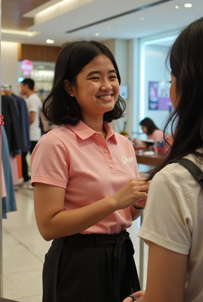 A photo of a sales clerk in a busy mall in the Philippines, full shot ...