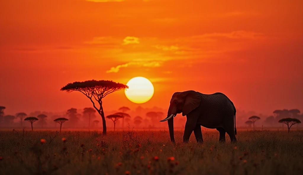 long range: Африканская savannah на рассвете, red sun rises above the ...