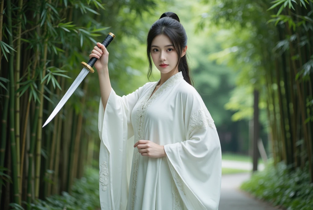 竹林にknifeを持った女性がいる, Holding a sword in the woods, she is holding a knife ...