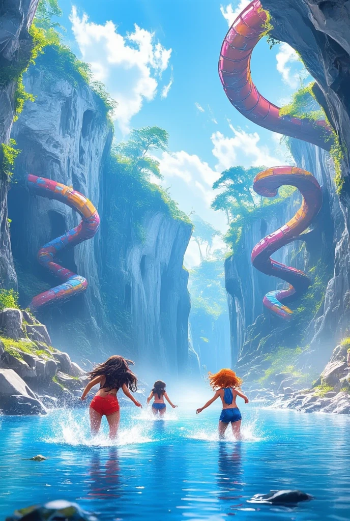 Huge water park、WATER SLIDES、3 anime girls、Different dimension - SeaArt AI
